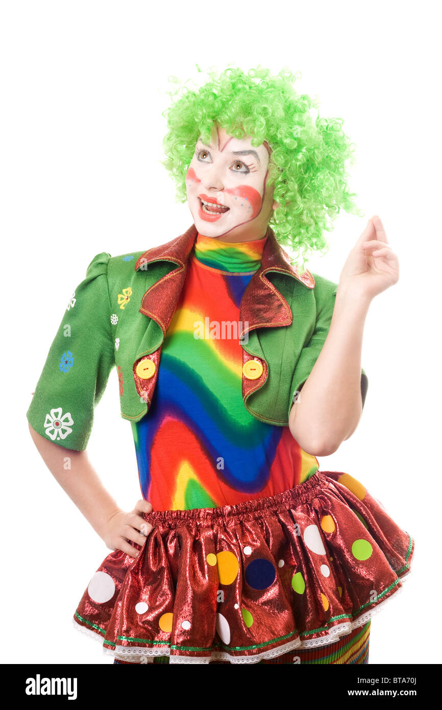 Portrait of smiling female clown. Isolated on white Stock Photo - Alamy