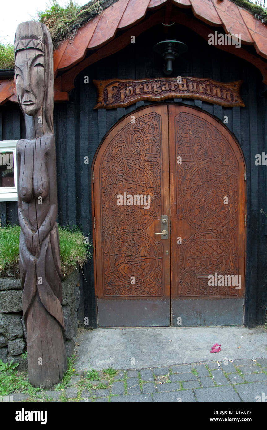 Iceland, Reykjanes, Hafnarfjordur, Viking Village. Carved wooden Viking ...
