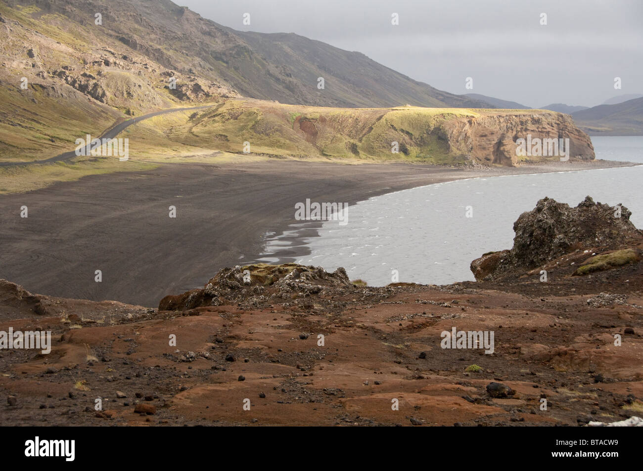 Iceland, Reykjanes area, Kleifarvatn. Black sand beach of the largest ...
