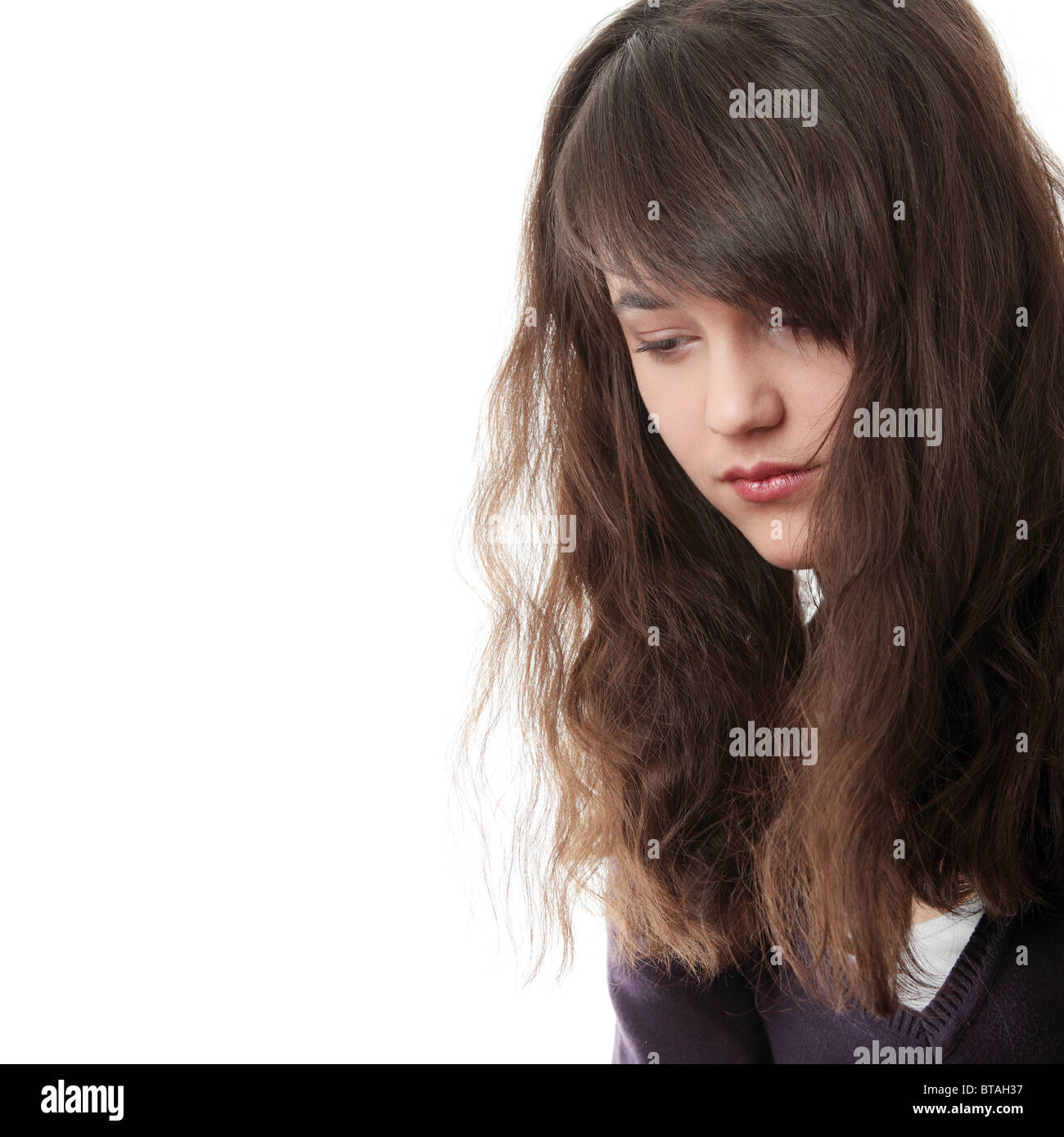 Young teen woman with depression isolated on white Stock Photo - Alamy