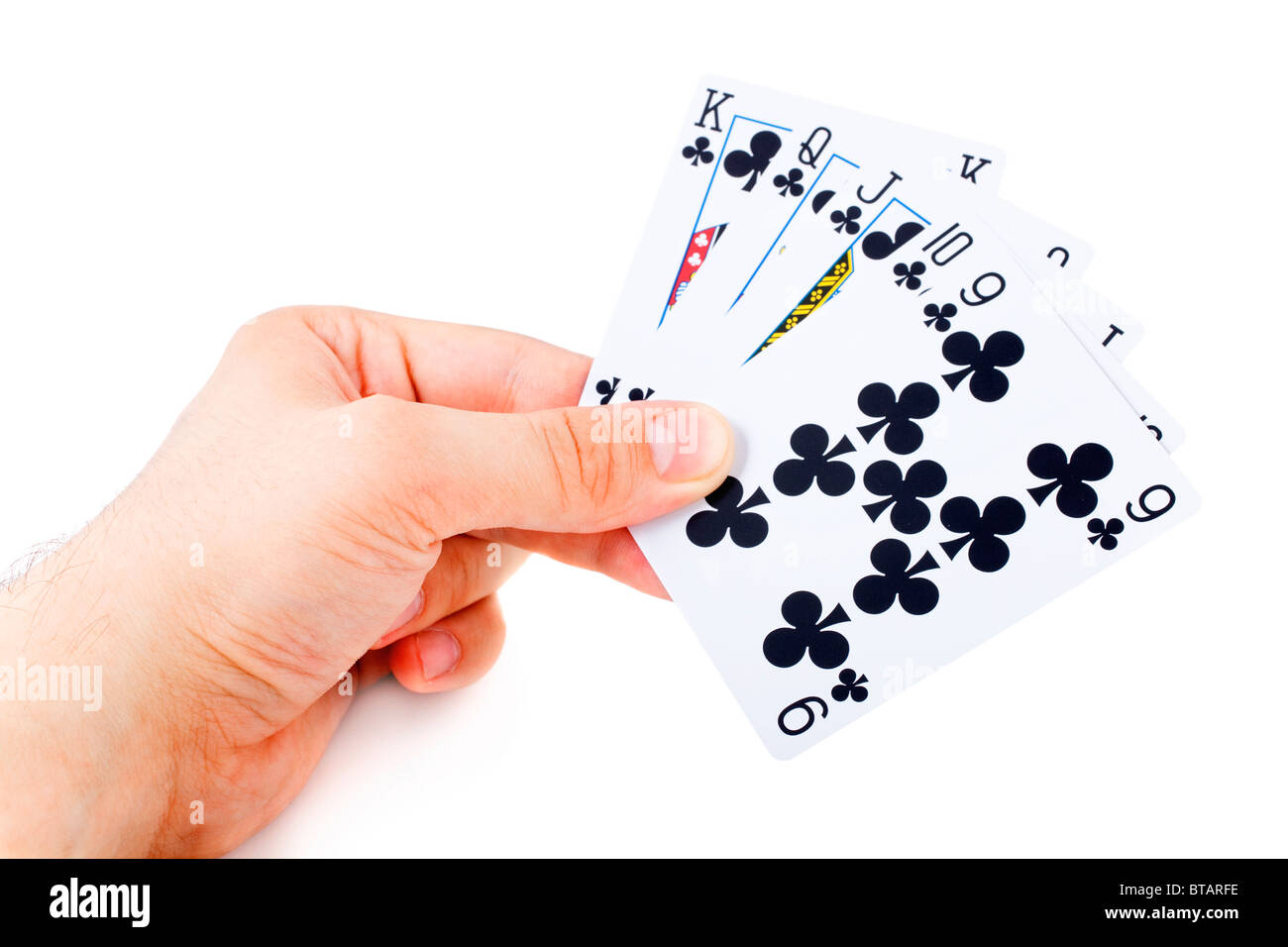 man's hand holding playing cards isolated on a white background Stock ...