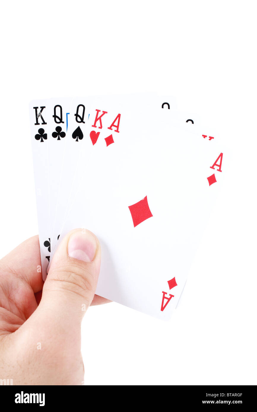 man's hand holding playing cards isolated on a white background Stock ...