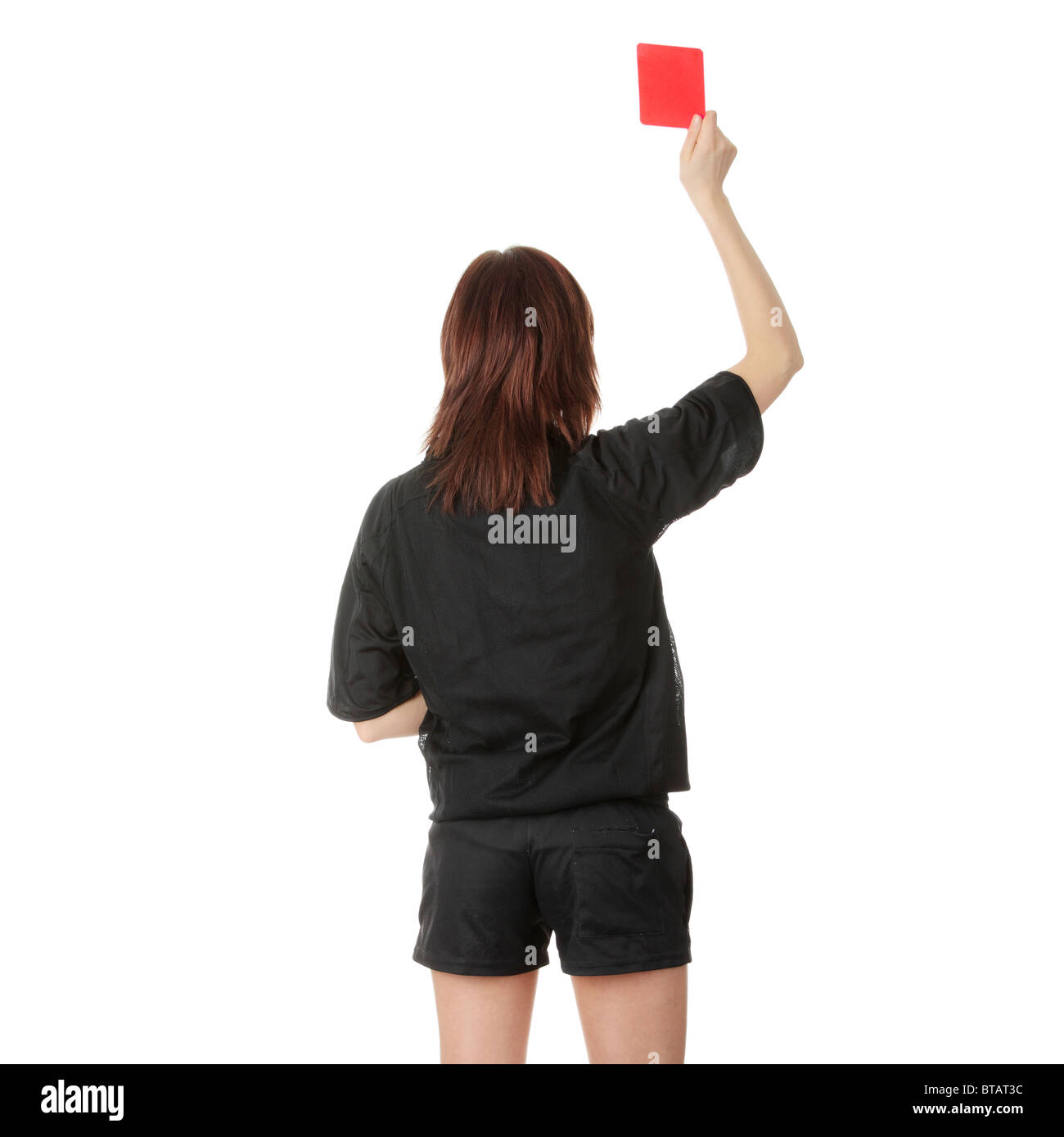 Young female referee showing the red card, isolated on white Stock ...