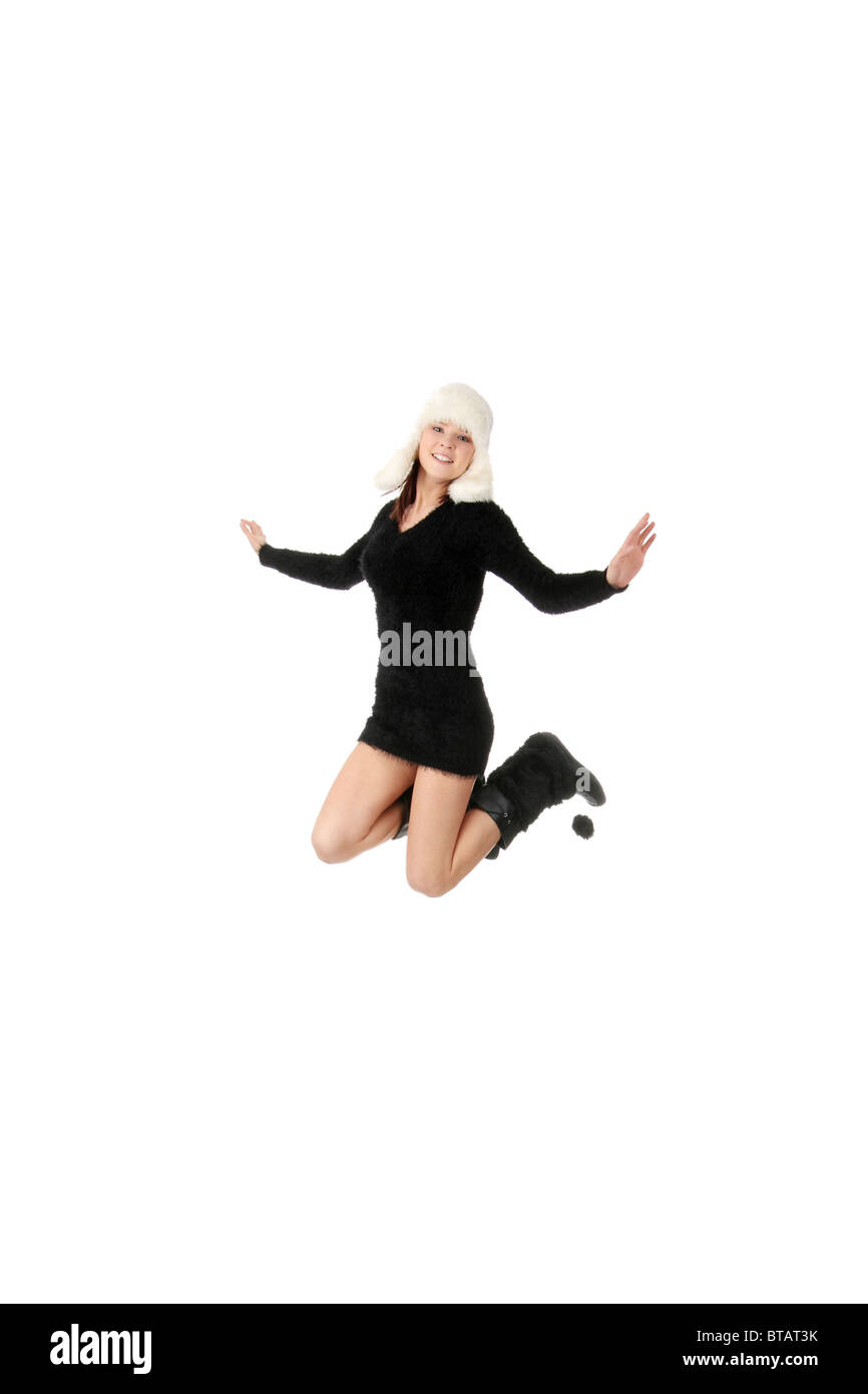 Beautiful young woman jumping, isolated on white background Stock Photo ...