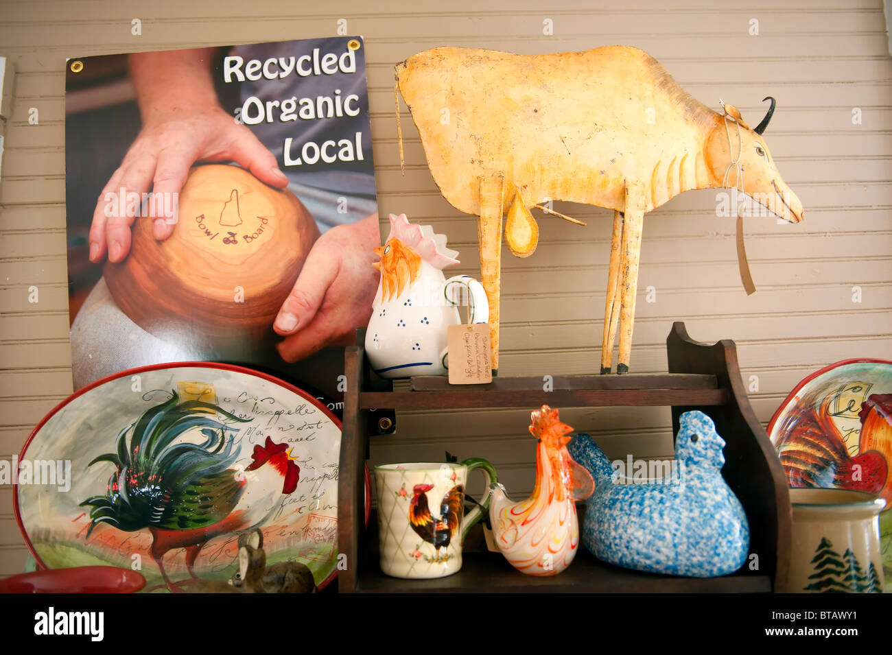 "Recycled Organic Local" sign and ceramic farm animals Stock Photo - Alamy