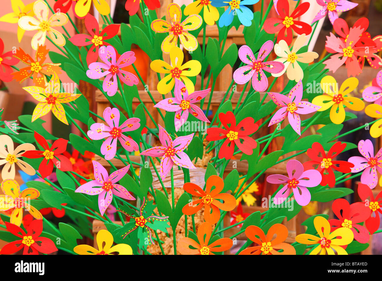 Multicolor colorful wooden flowers handicraft of Poland Stock Photo - Alamy