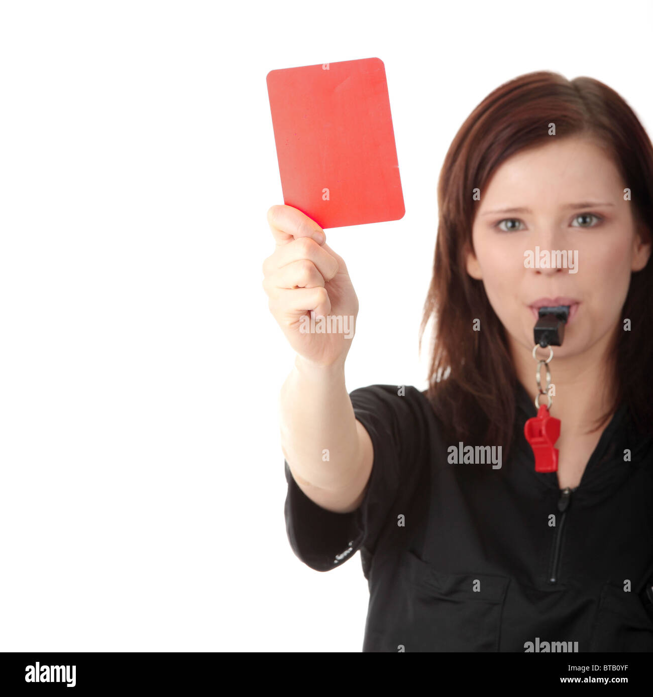 Young female referee showing the red card, isolated on white Stock ...