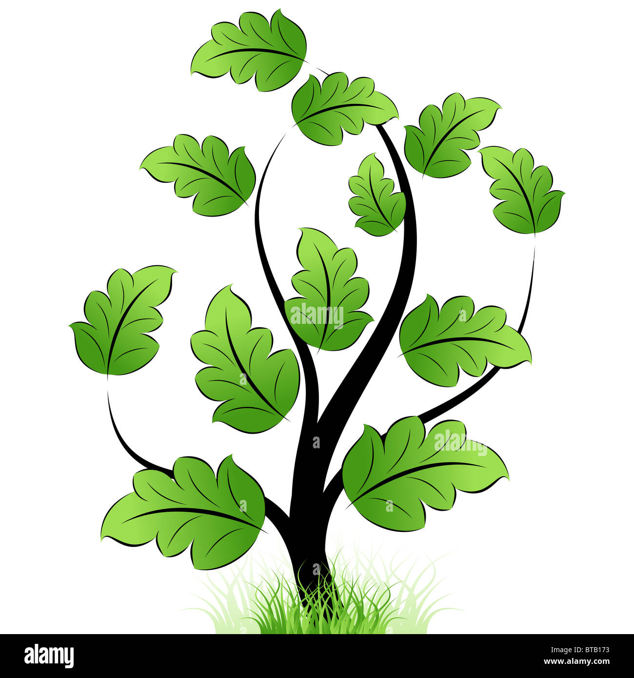 Green tree icon with grass and leaf Stock Photo - Alamy