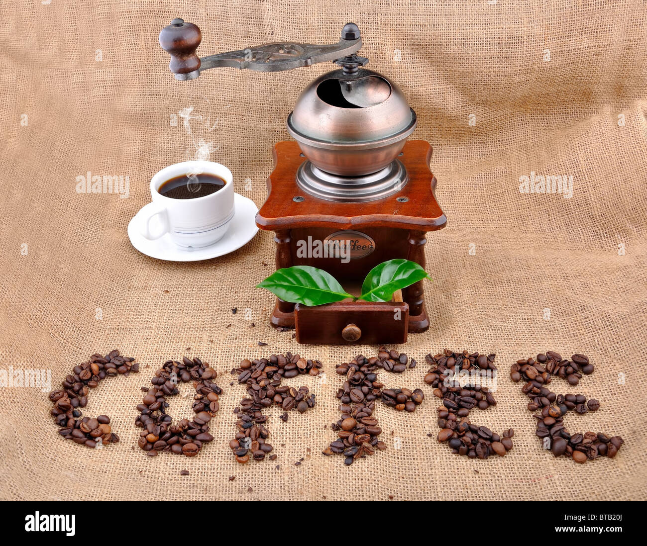 vintage coffee grinder and sign coffee from coffee granules with coffee ...