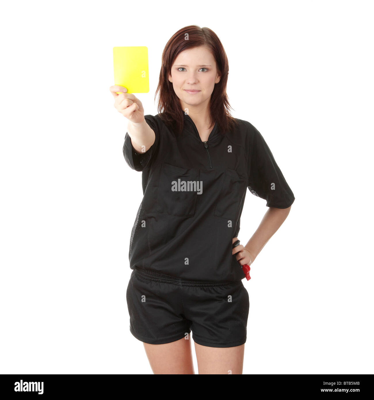Young female referee showing the red card, isolated on white Stock ...