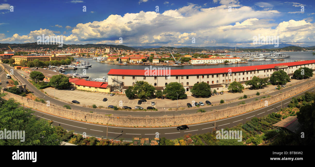 Aerial panoramic view on navy base and La Spezia city on Mediterranean ...