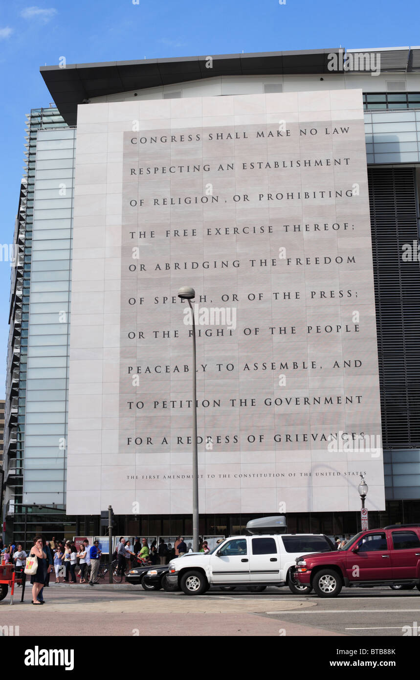 Facade of the Newseum in Washington, DC showing an inscription of the ...