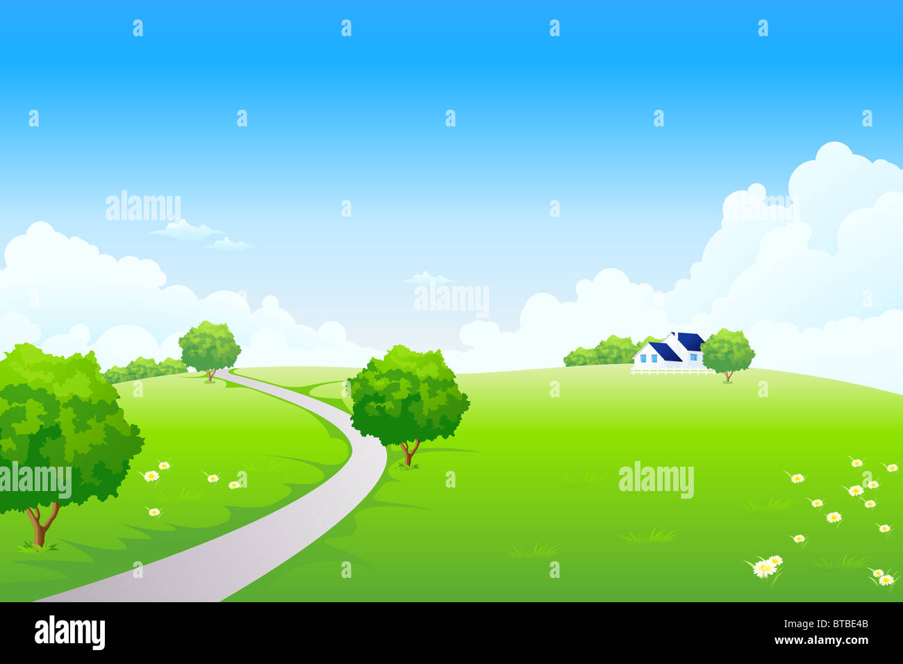 Summer Landscape with blue sky trees flowers and clouds Stock Photo - Alamy