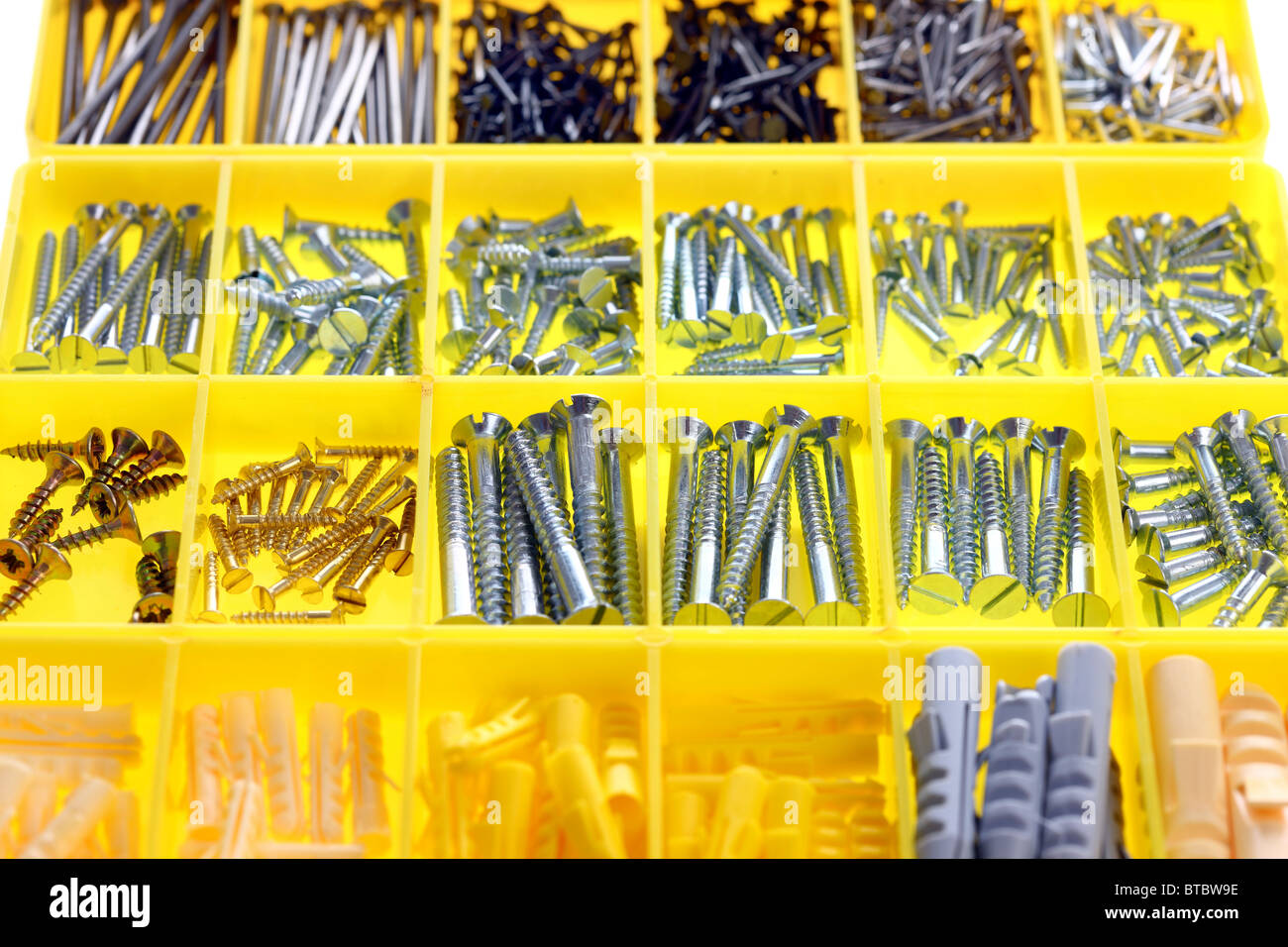 Tool box with bolts, screws, mails, spike, nailhead, dowels, screw ...