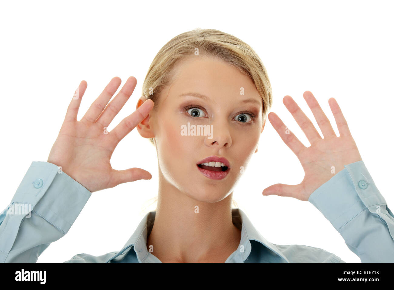 Young woman portrait - with face expression - scared Stock Photo - Alamy