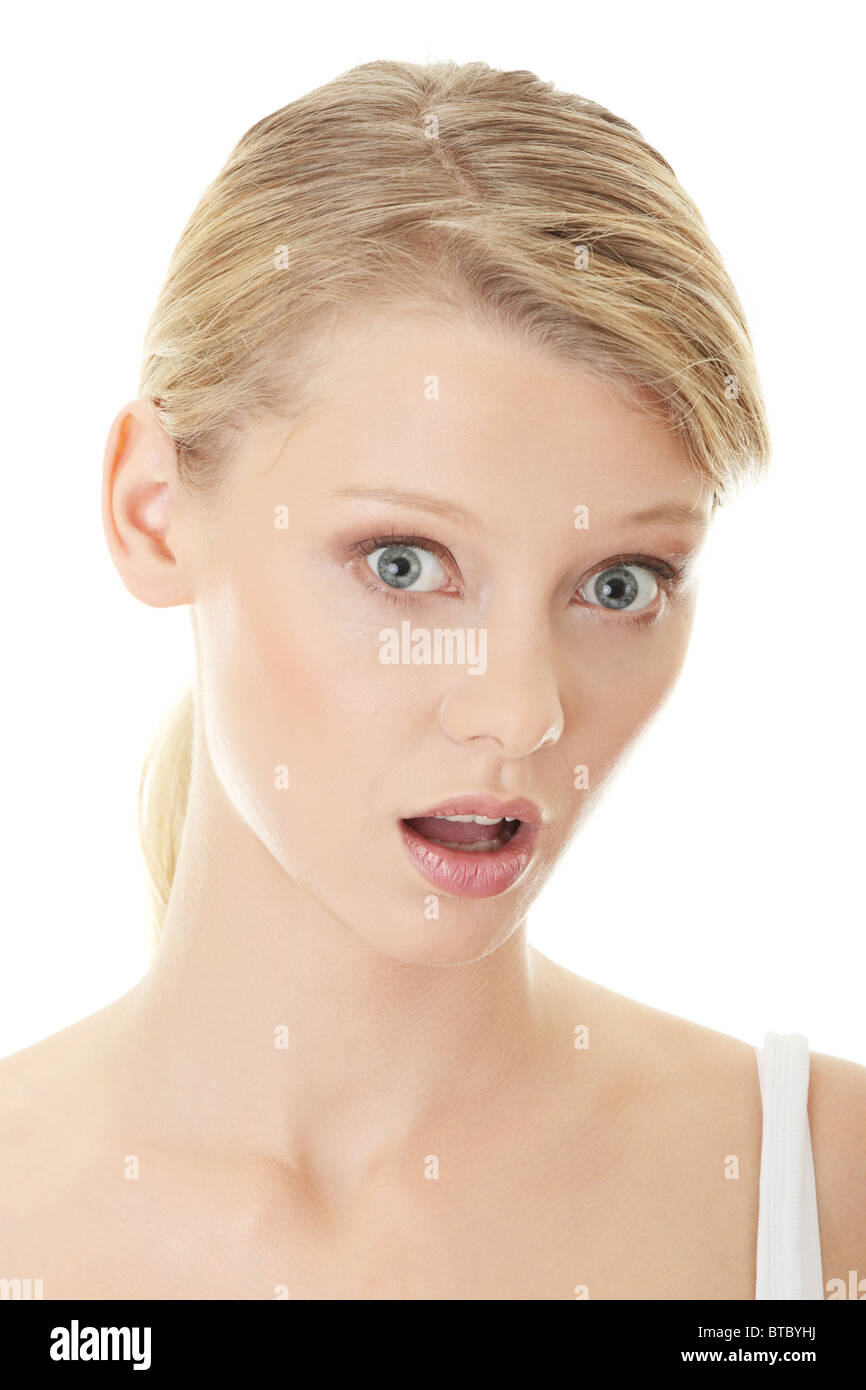 Surprised woman isolated on white Stock Photo - Alamy
