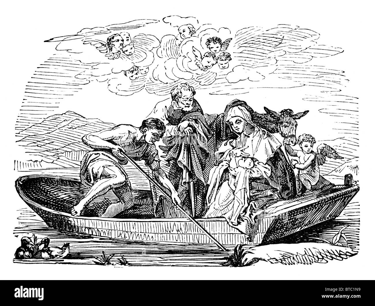 The flight of Joseph, Mary and Jesus into Egypt; Black and White ...