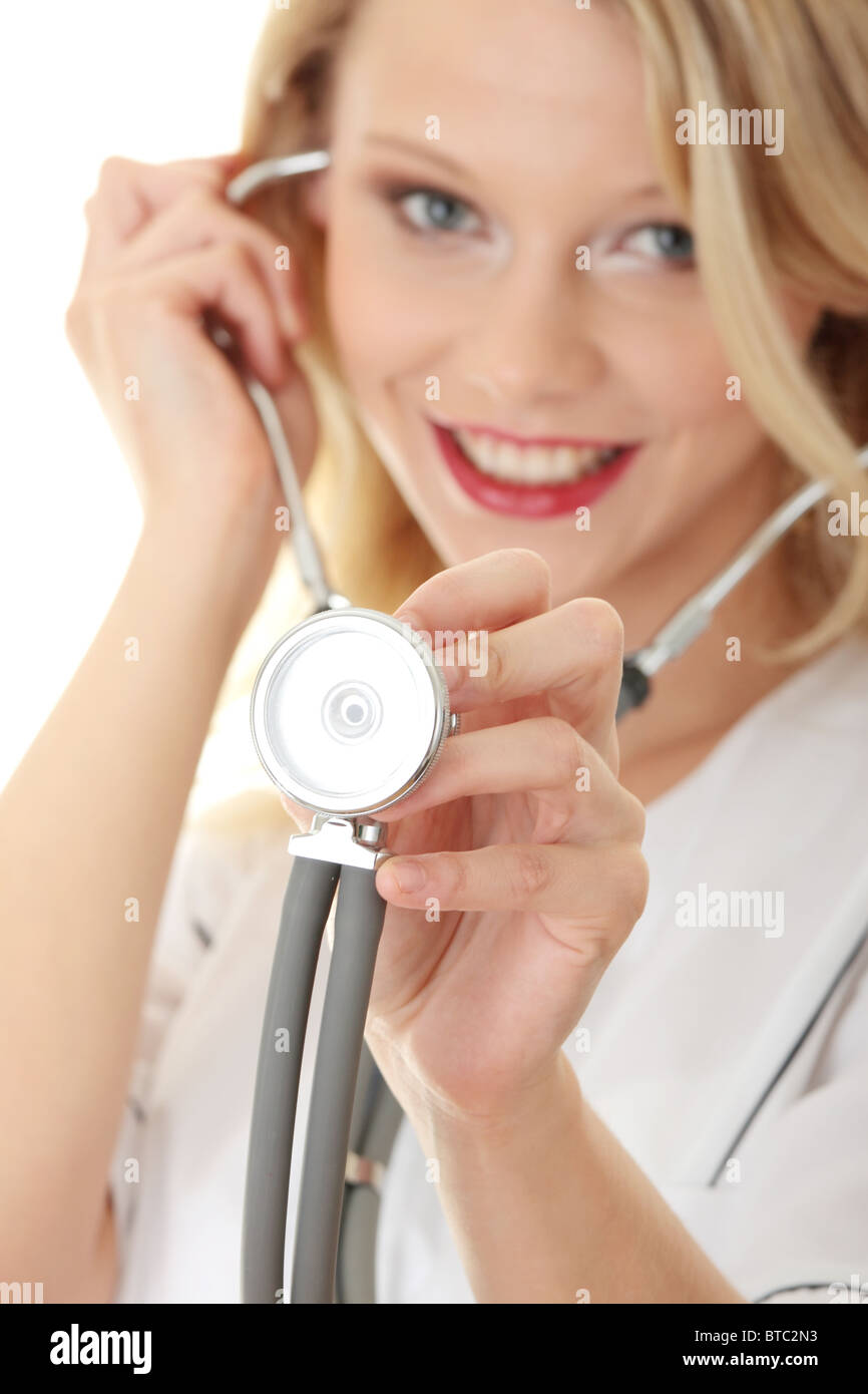 Female doctor with stethoscope, isolated on white Stock Photo - Alamy