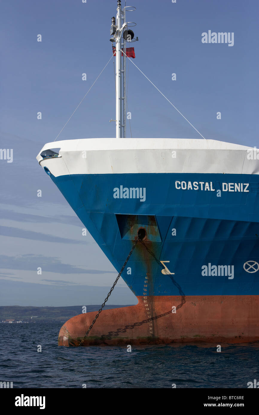 bulbous bow of coastal deniz dry cargo hazard a major ship at anchor in ...