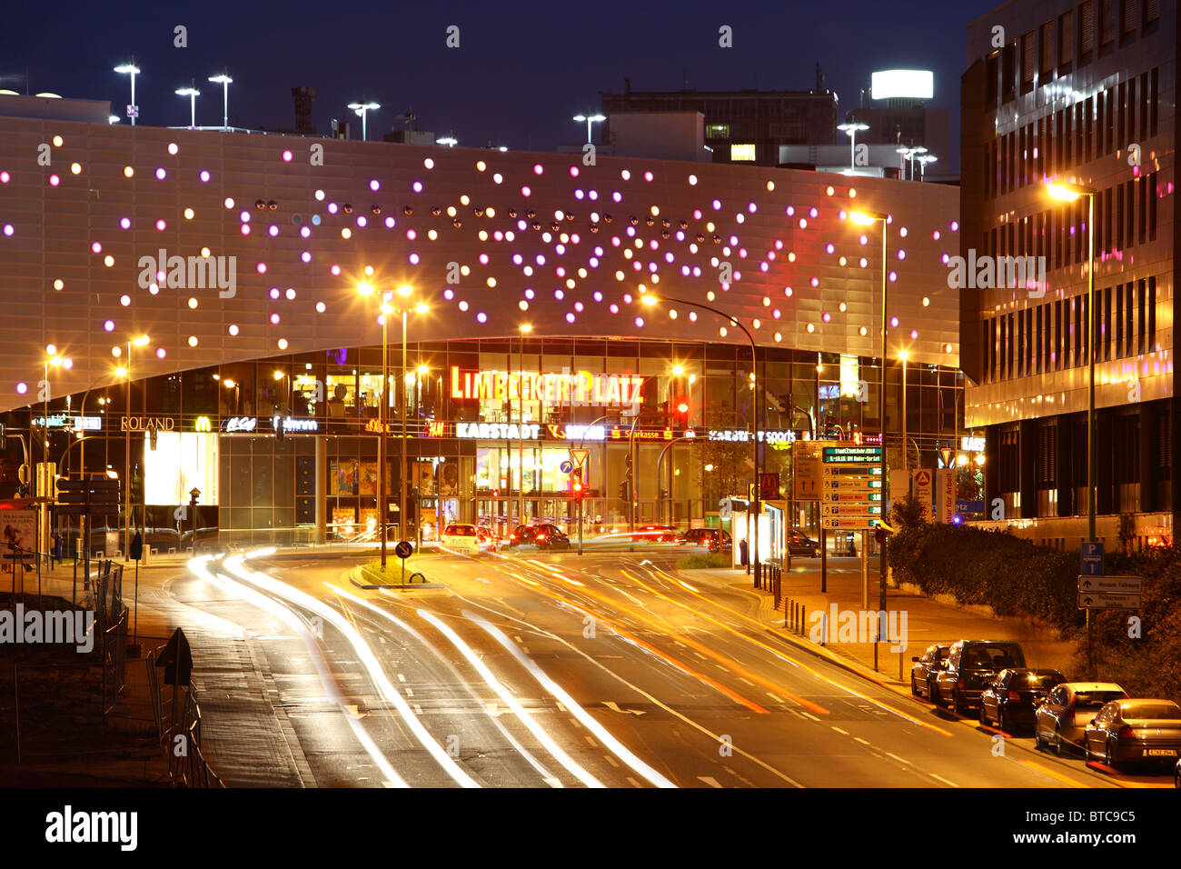 City skyline of Essen, Germany, at night. Shopping mall "Limbecker ...