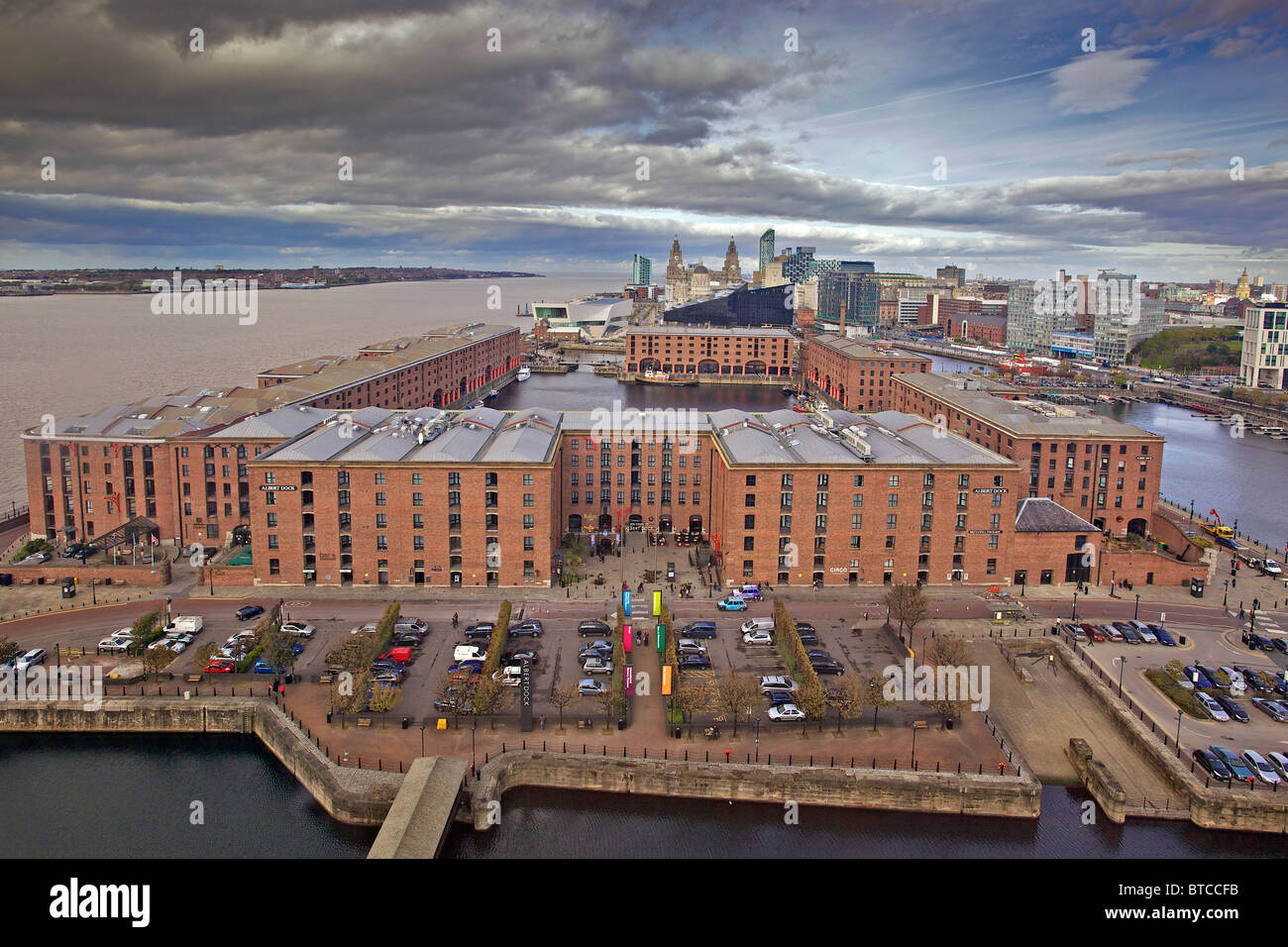 The Albert Dock buildings and the river Mersey seen from an aerial ...