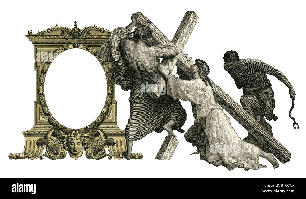 Victorian frame with Jesus Christ enefeebled by the weight of the cross ...