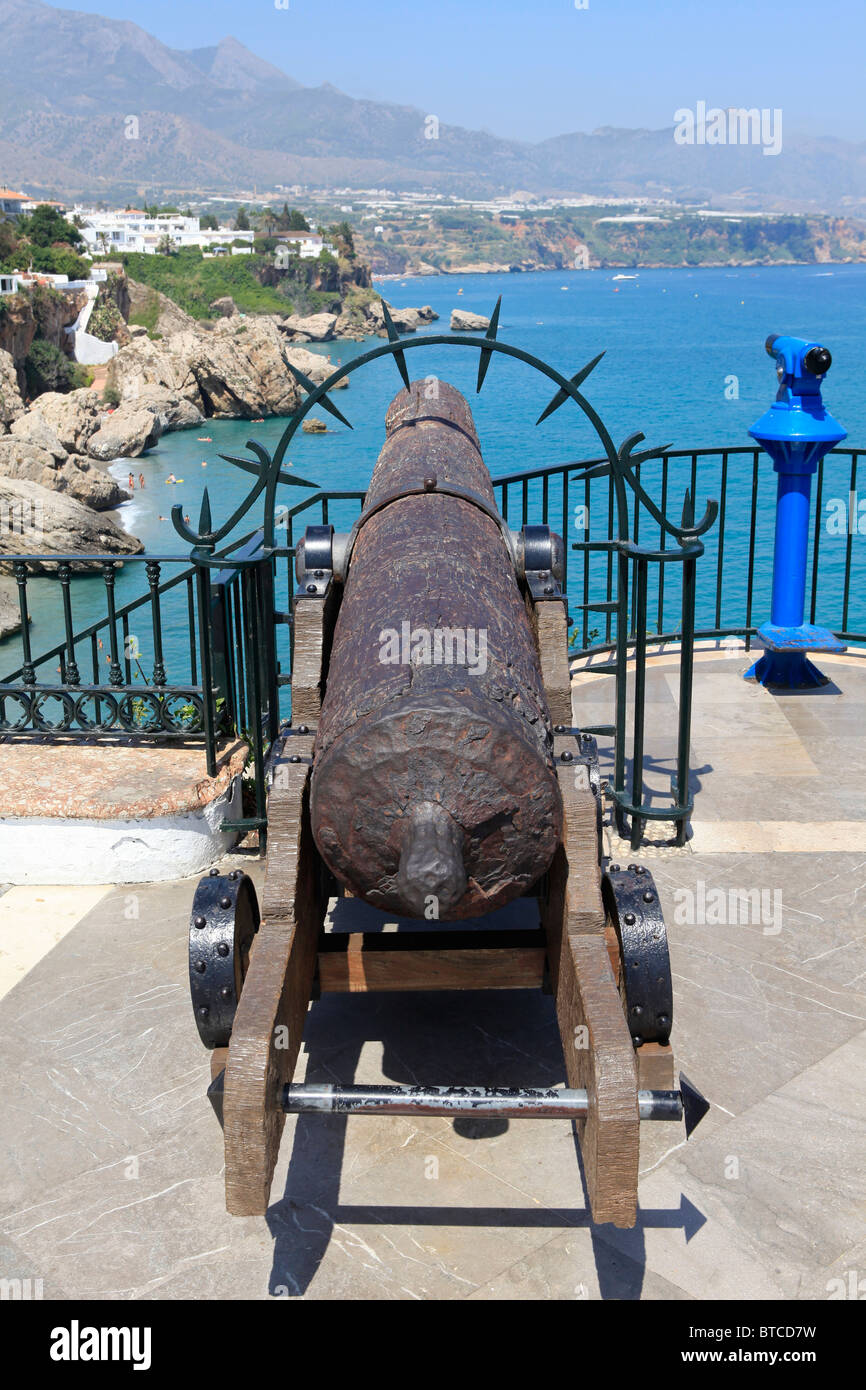 Rusty cannon from the Peninsular War at the Balcon de Europa with a ...