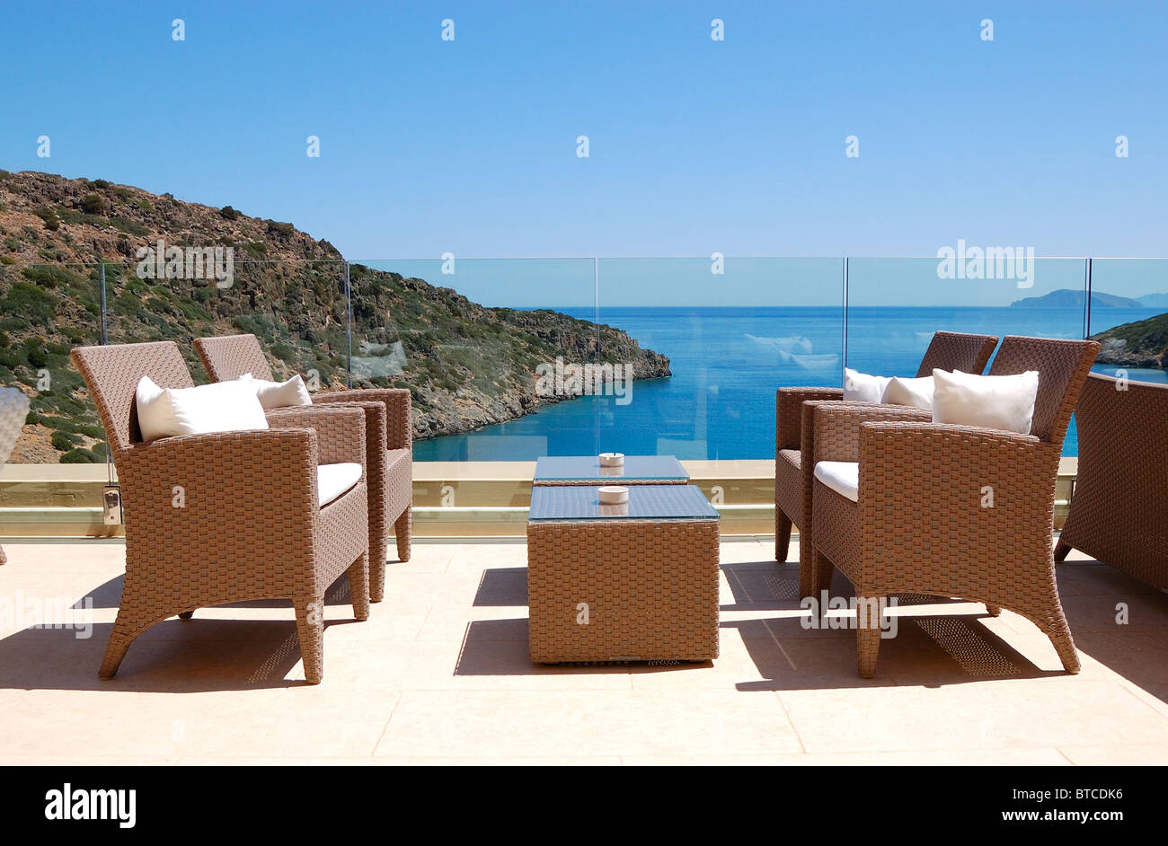 Sea view relaxation area of luxury hotel, Crete, Greece Stock Photo - Alamy