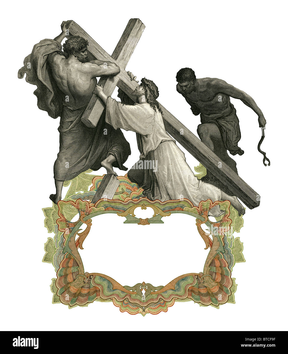 Victorian frame with Jesus Christ enefeebled by the weight of the cross ...