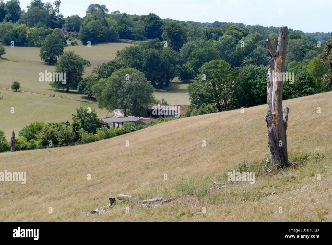 Countryside with fields, woods and farm buildings during a hot and dry ...