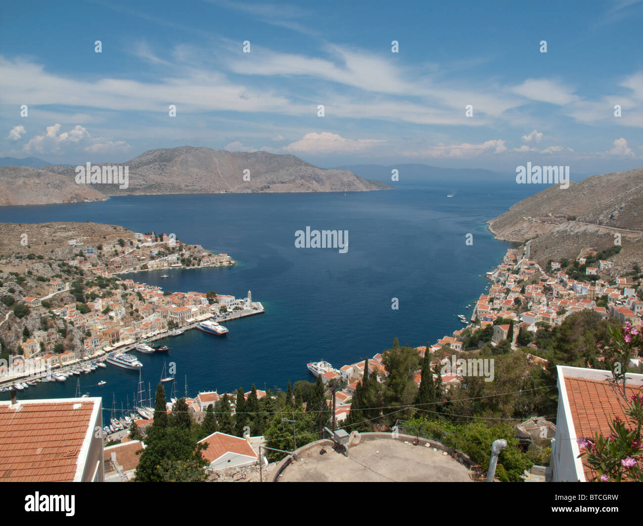 Symi harbour viewed from the old town (Horio Stock Photo - Alamy