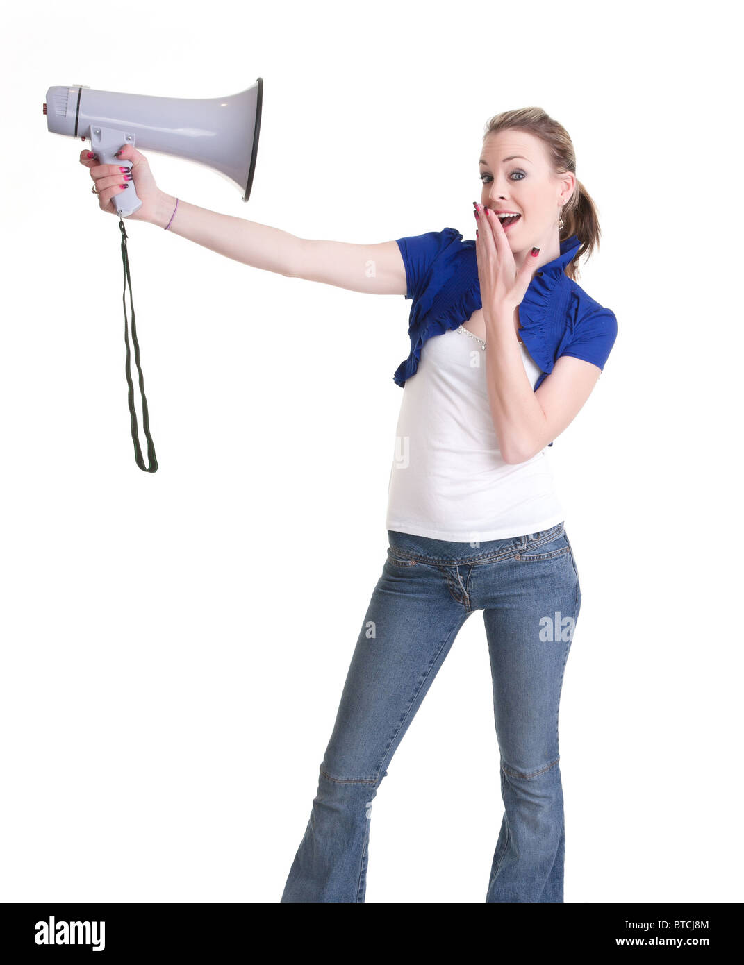 young woman with bullhorn isolated on white background Stock Photo - Alamy