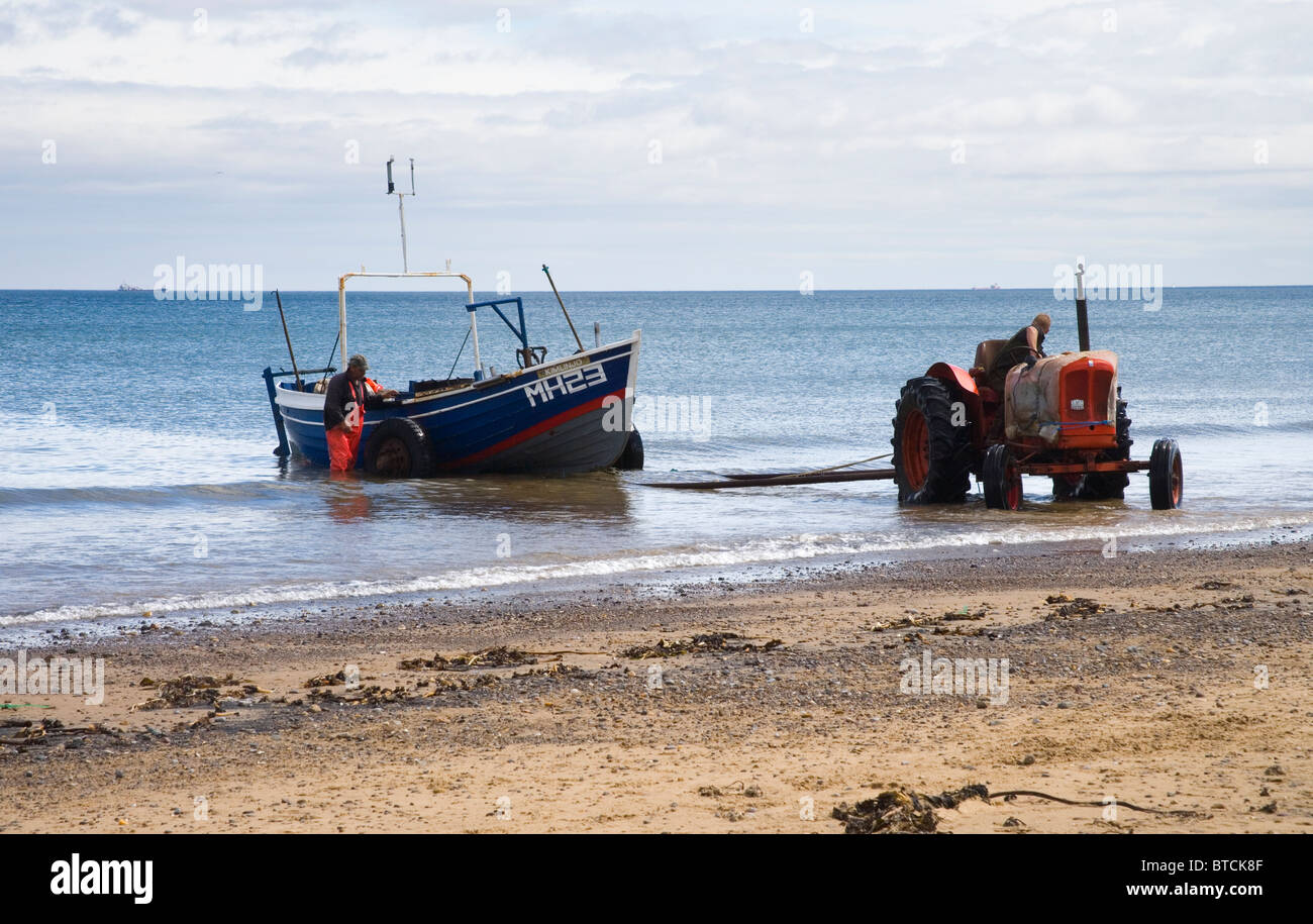 tractor pulling fishing boat out of the sea at merske by the sea Stock ...