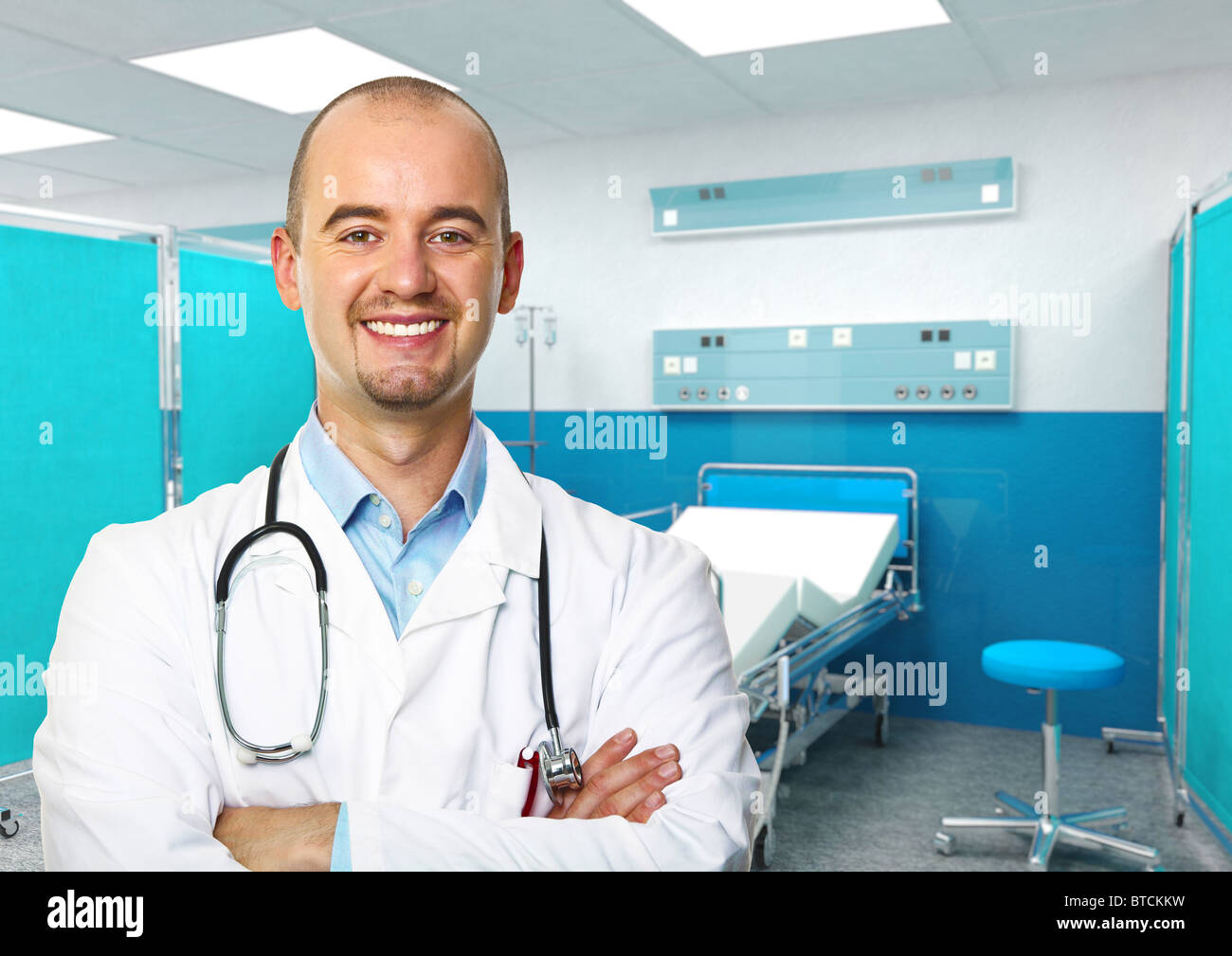 portrait of friendly young doctor and hospital background Stock Photo ...