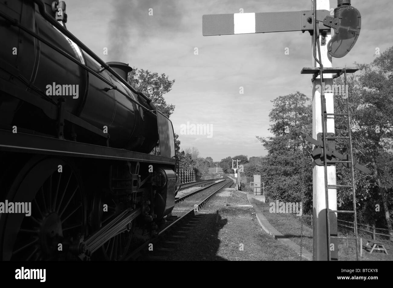 Steam Locomotive at Stop Semaphore Signal on the Bluebell Railway ...