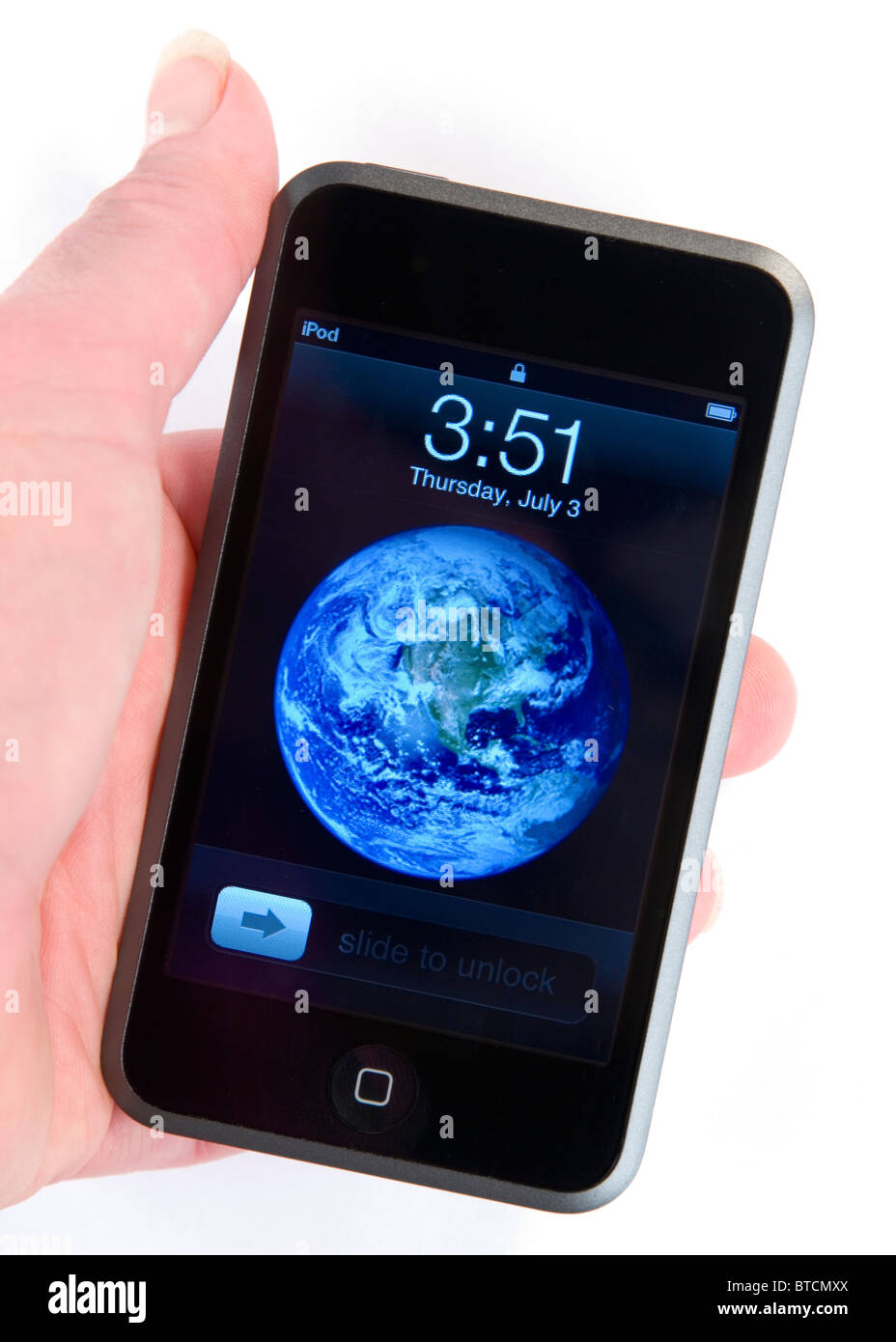 Apple iPod in woman's hand with white background Stock Photo - Alamy