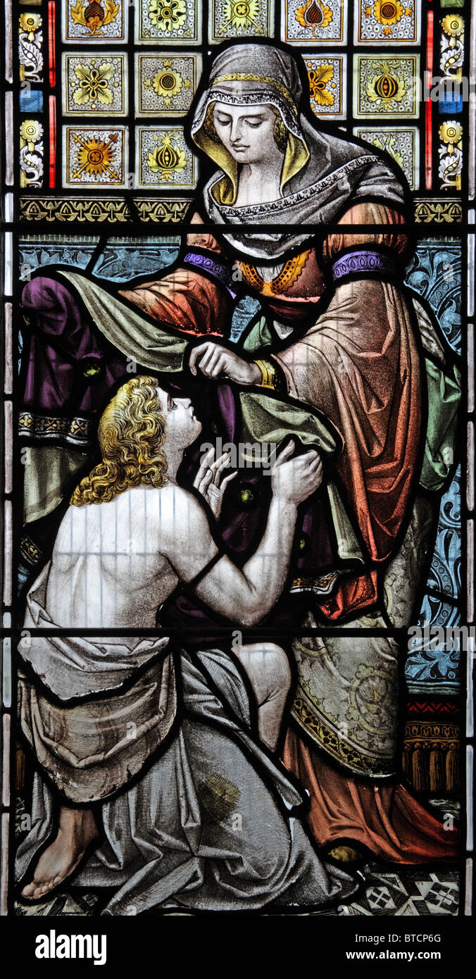 A stained glass window by A. L. Moore depicting Tabitha or Dorcas (Acts ...