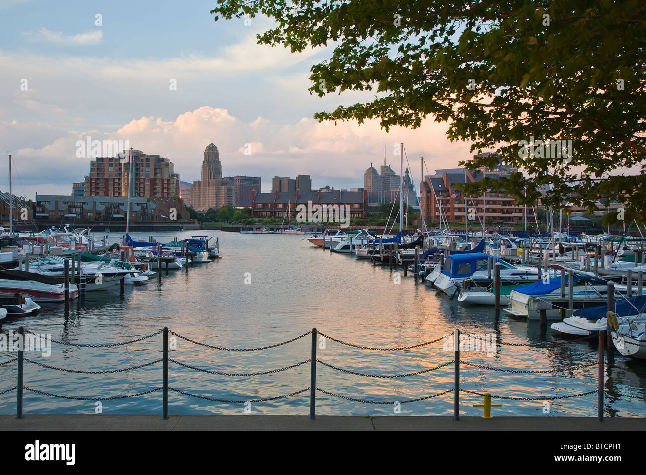 Waterfront marina and city skyline of Buffalo New york at dusk Stock ...