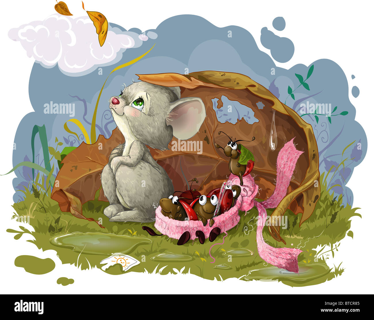 Vector image about autumn. Little gray mouse and five bugs look how ...