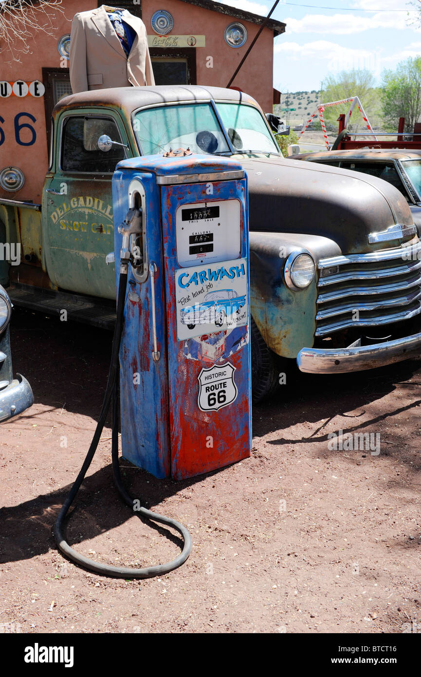 Antique Car and gas pump behind Snow Cap Inn Seligman Arizona Route 66 ...