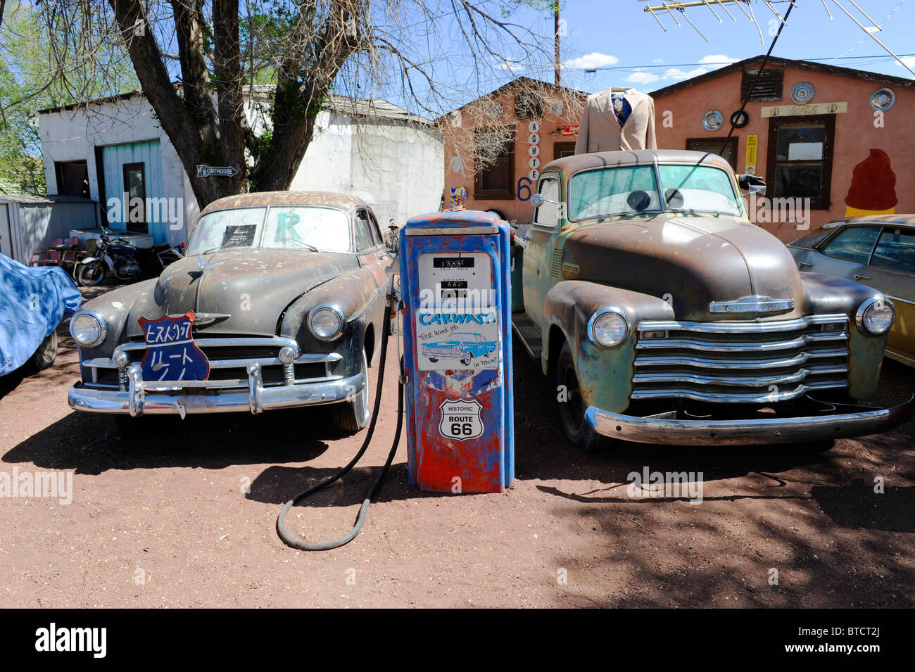 Antique Cars behind Snow Cap Inn Seligman Arizona Route 66 Stock Photo ...