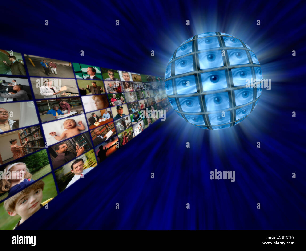 Surveillance eye sphere monitoring people via multiple video screens in ...