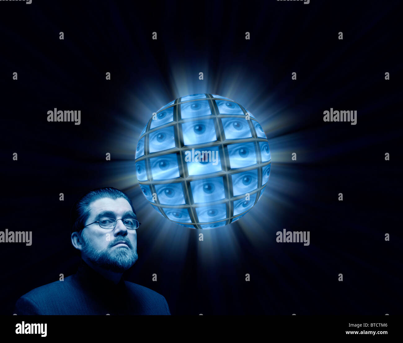 Authoritarian Orwellian figure in front of a sphere of video screens ...