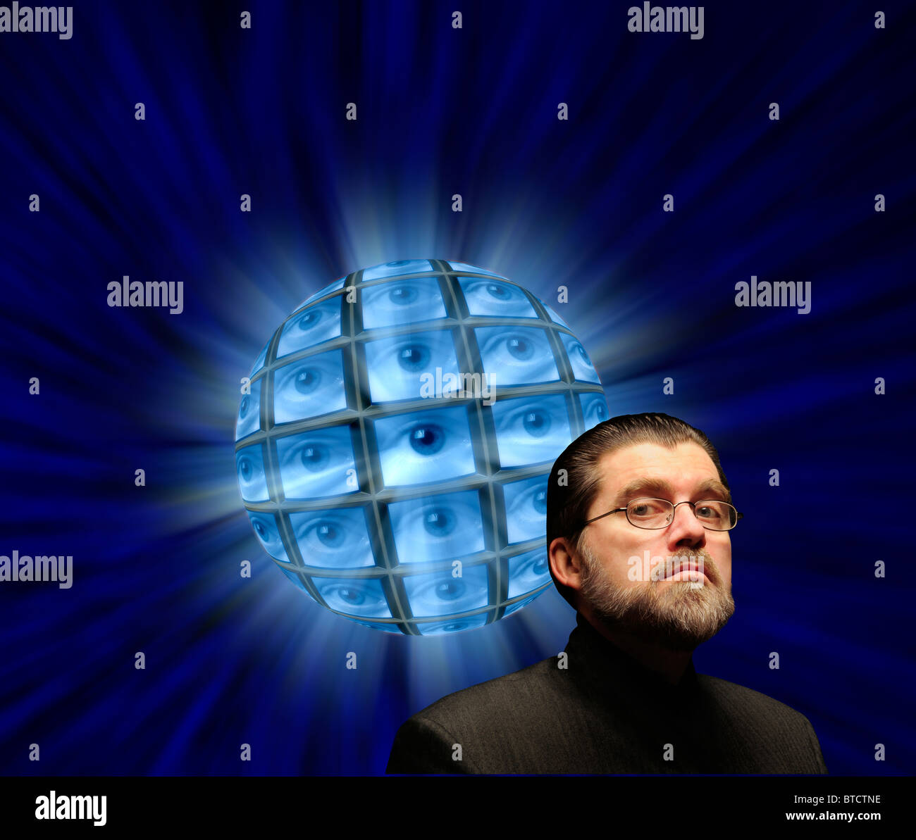 Authoritarian figure in front of a sphere of video screens each showing ...