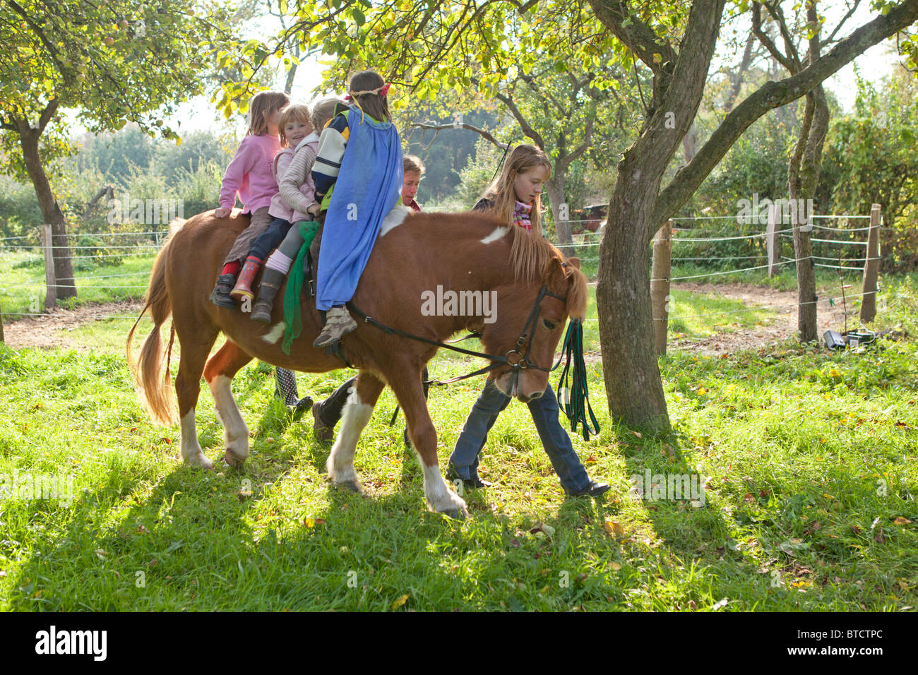 four small girls riding a pony together Stock Photo - Alamy