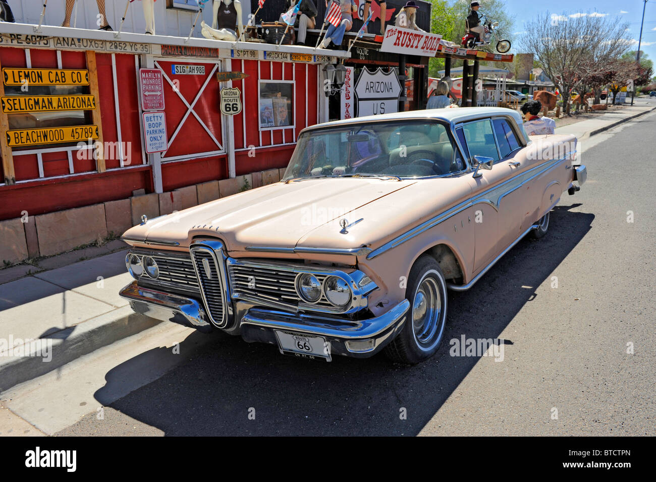 Pink Edsel in front of Rusty Bolt and Thunderbird Indian Store Seligman ...
