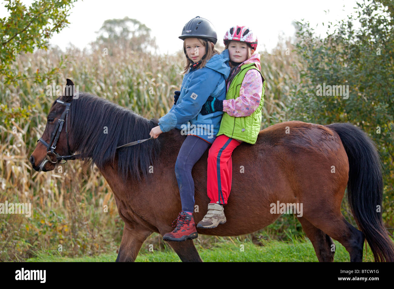 two small girls riding a pony together Stock Photo - Alamy