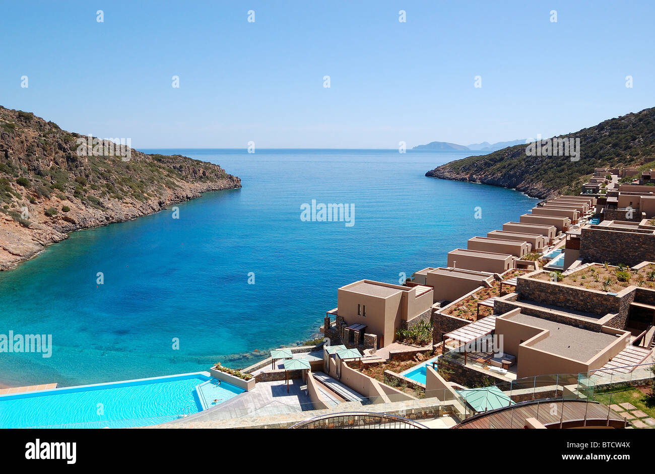 Swimming pool with sea view at the luxury hotel, Crete, Greece Stock ...