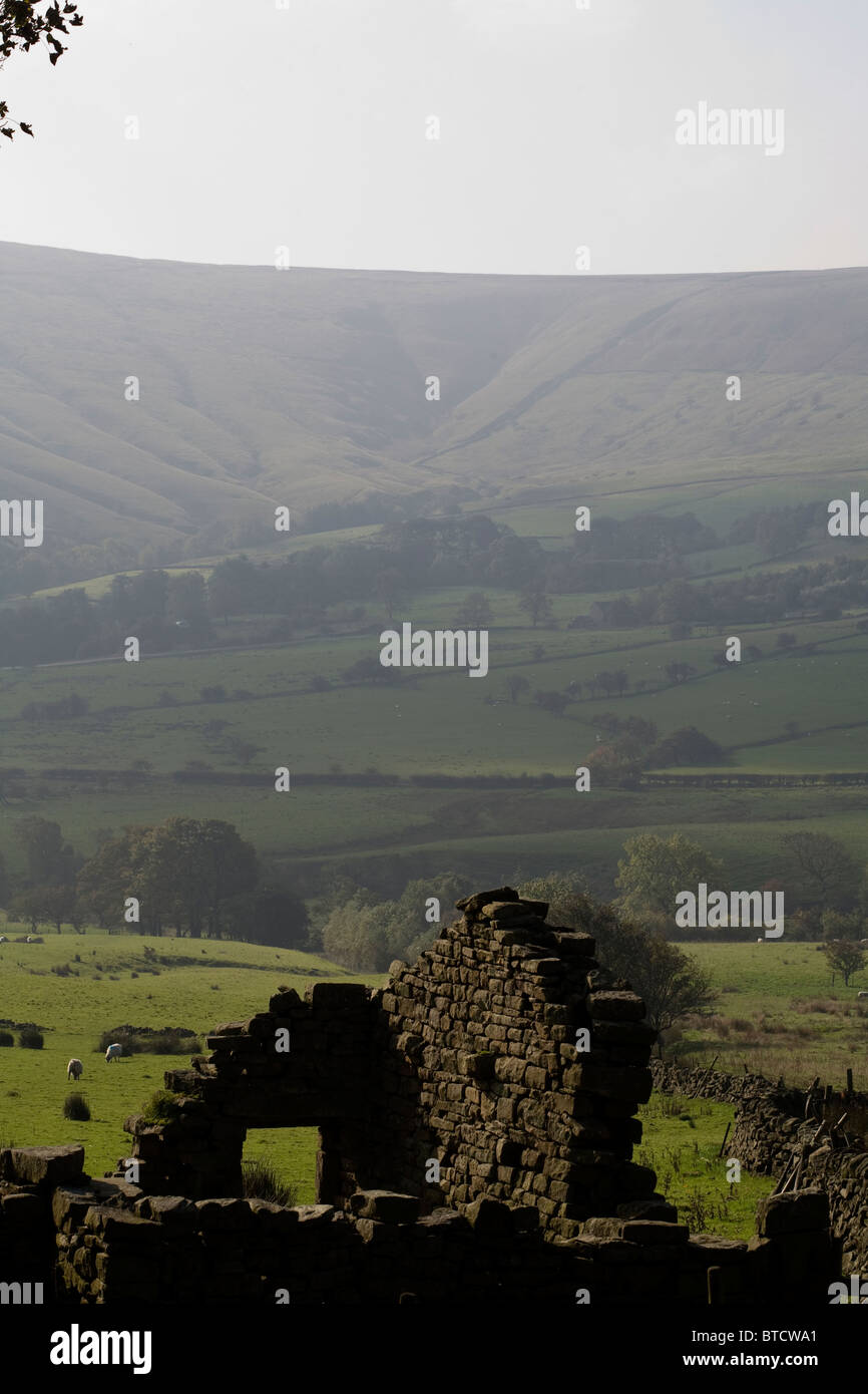 Derelict farm building Upper Booth looking toward Rushup Edge Autumn ...