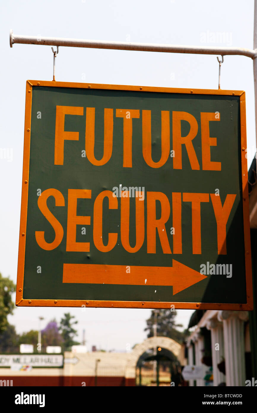 A sign says "Future Security" and an arrow points to the right Stock ...